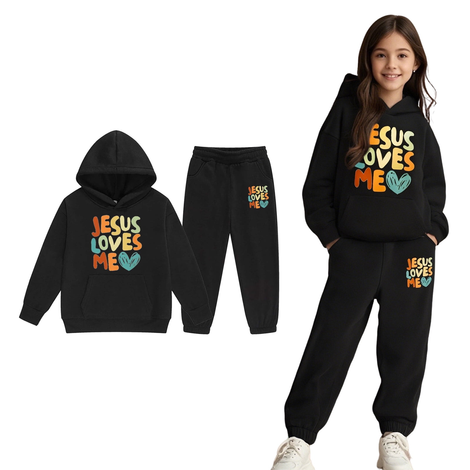 Kids Sweatsuit Set for Girls 2 Piece Long Sleeve Jesus Loves Me ...