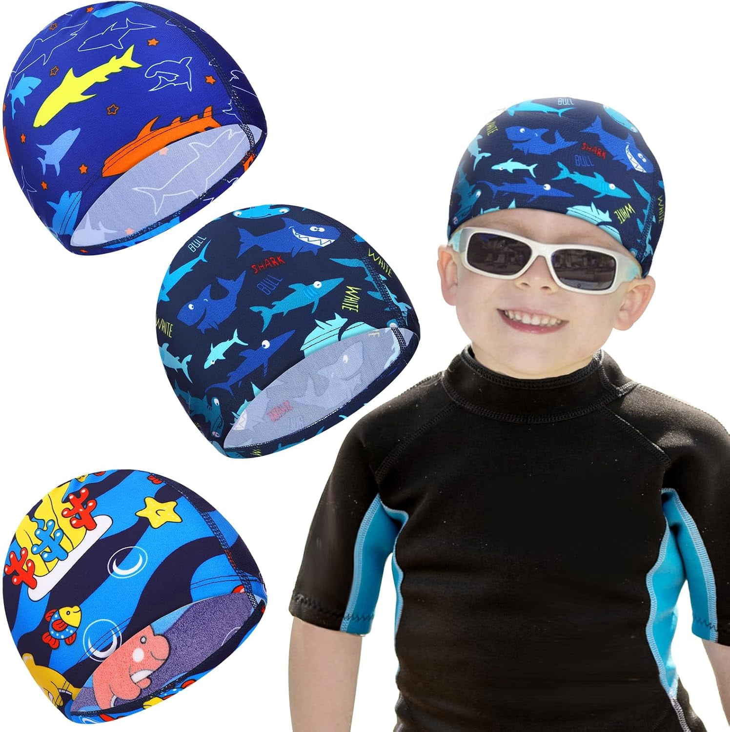 Kids Swim Caps 3 Pieces Bathing Swimming Hats Unisex Polyester Bathing ...