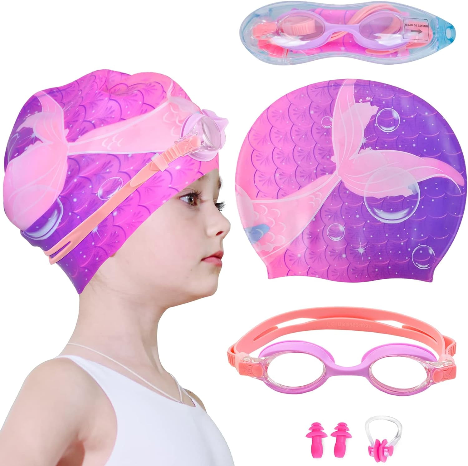 Kids Swim Caps for Girls, Silicone Waterproof Swimming Cap for Kids ...