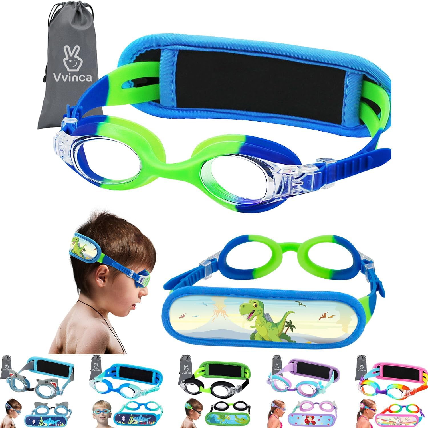 Kids Swim Goggles with Fabric Strap No Tangle Pain-Free, Anti-Fog ...