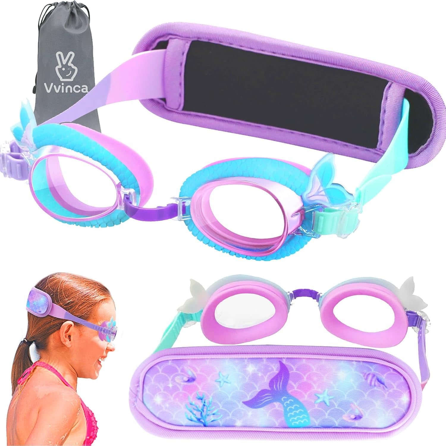 Kids Swim Goggles with Fabric Strap No Tangle Pain-Free, Anti-Fog ...