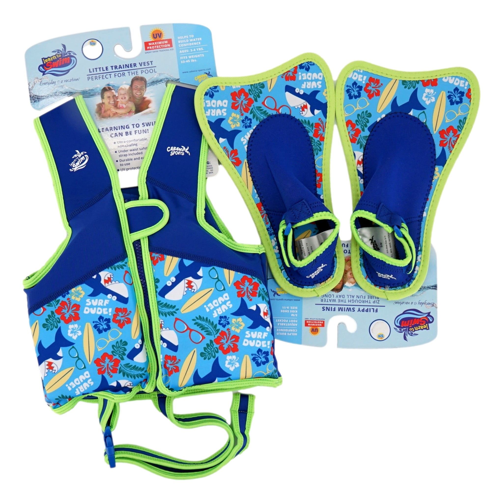 Kids Swim Trainer Vest And Flippers Blue Fits Ages 3-4, 33 to 45 lbs ...