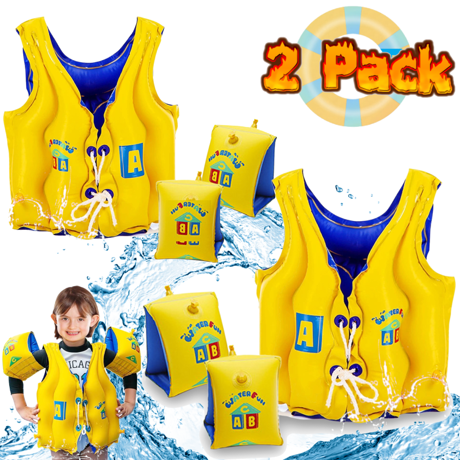 pendali Kids Swim Vest, 2 Set Inflatable Life Jackets, Yellow, Toddler ...