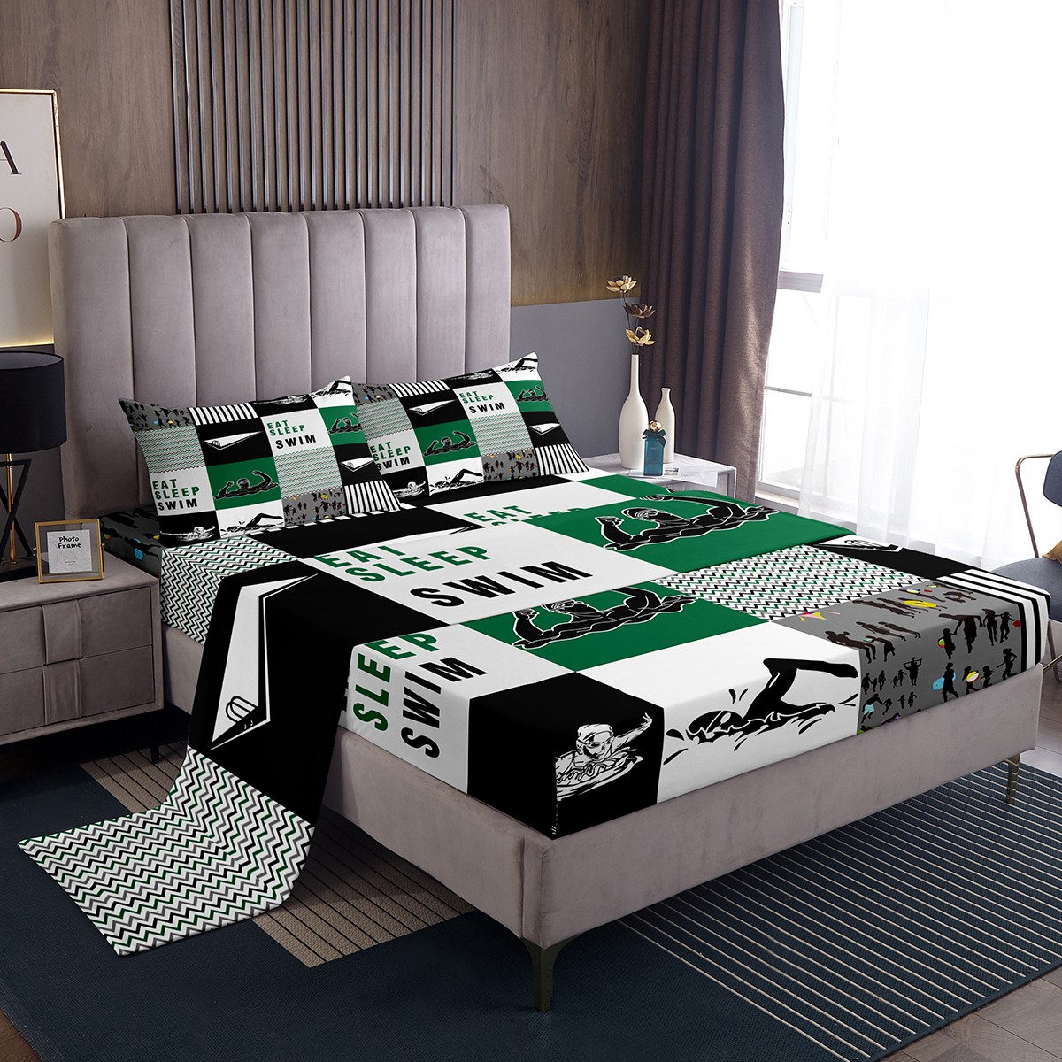 Swimmer Bed Sheets Set Queen,Eat Sleep Swim Sheet Set Teens,Geometric ...