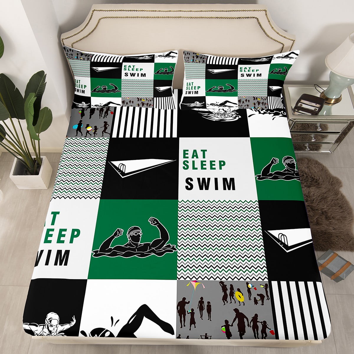 Swimmer Fitted Sheet Twin,Eat Sleep Swim Bed Sheets Teens,Geometric ...