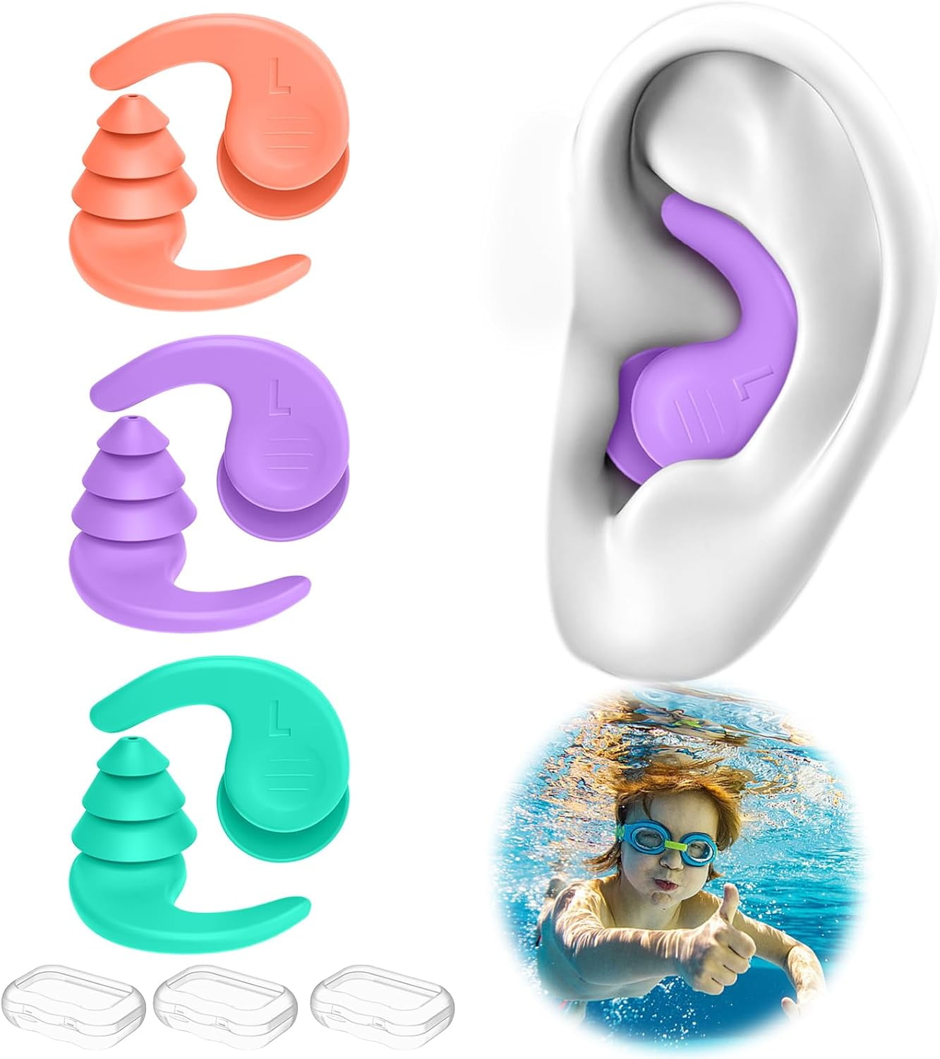 Kids Swimming Ear Plugs,3 Pairs Waterproof Reusable Silicone Child Swim ...
