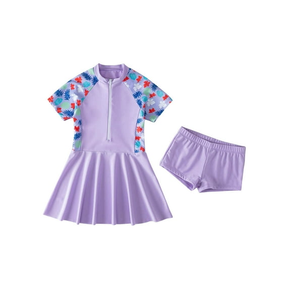 Kids Swimwear Girls Cute Printed Short Sleeve Bathing Suit with Zipper ...