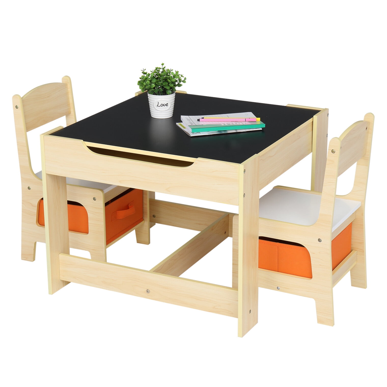 Kids Table and 2 Chair Set, Wooden Activity Table with 2 Storage Bags ...