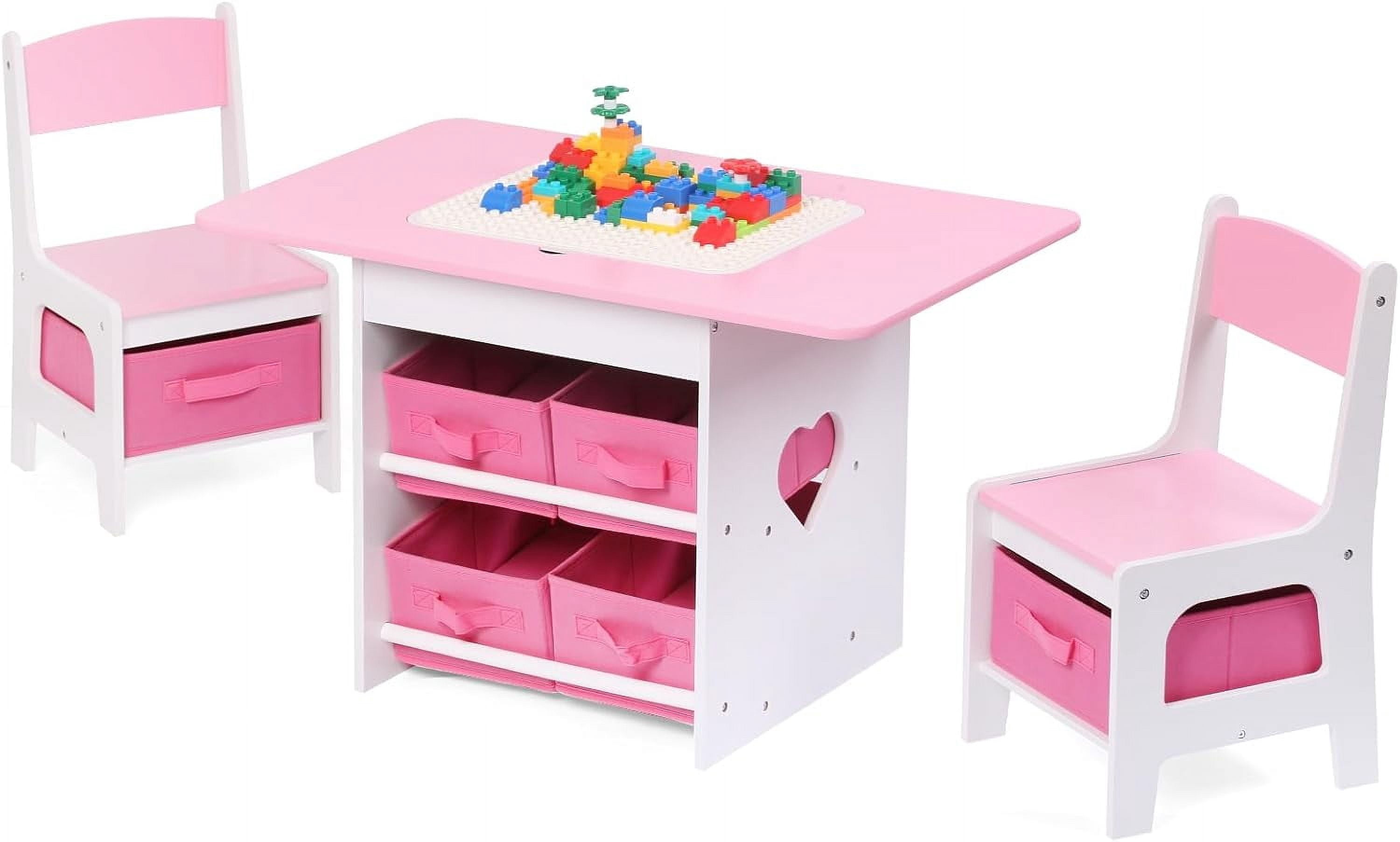 Kids Table and 2 Chairs Set 2-in-1 Plastic Building Blocks-Compatible ...