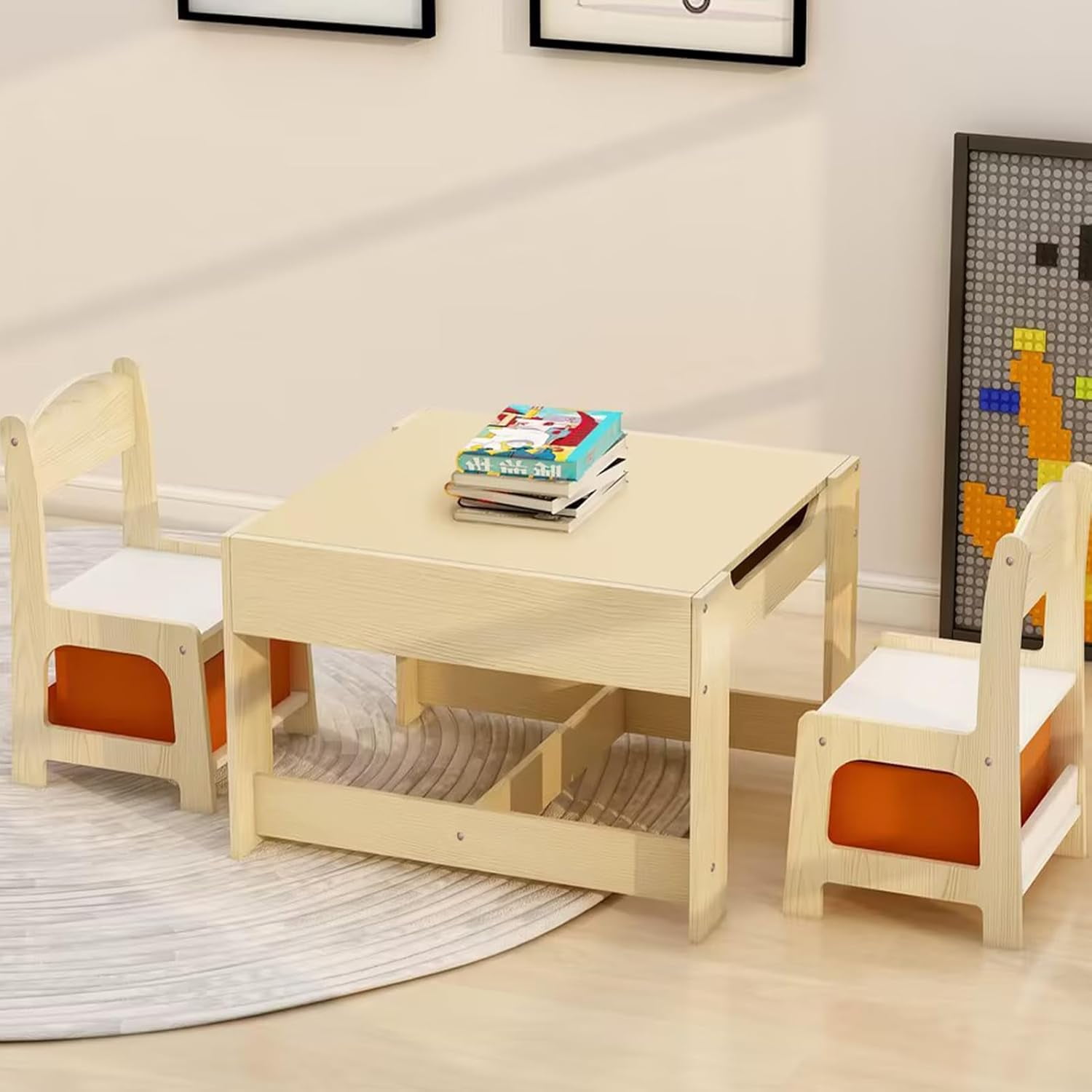 Kids Table and 2 Chairs Set, 3 in 1 Activity Table with Storage Drawer ...