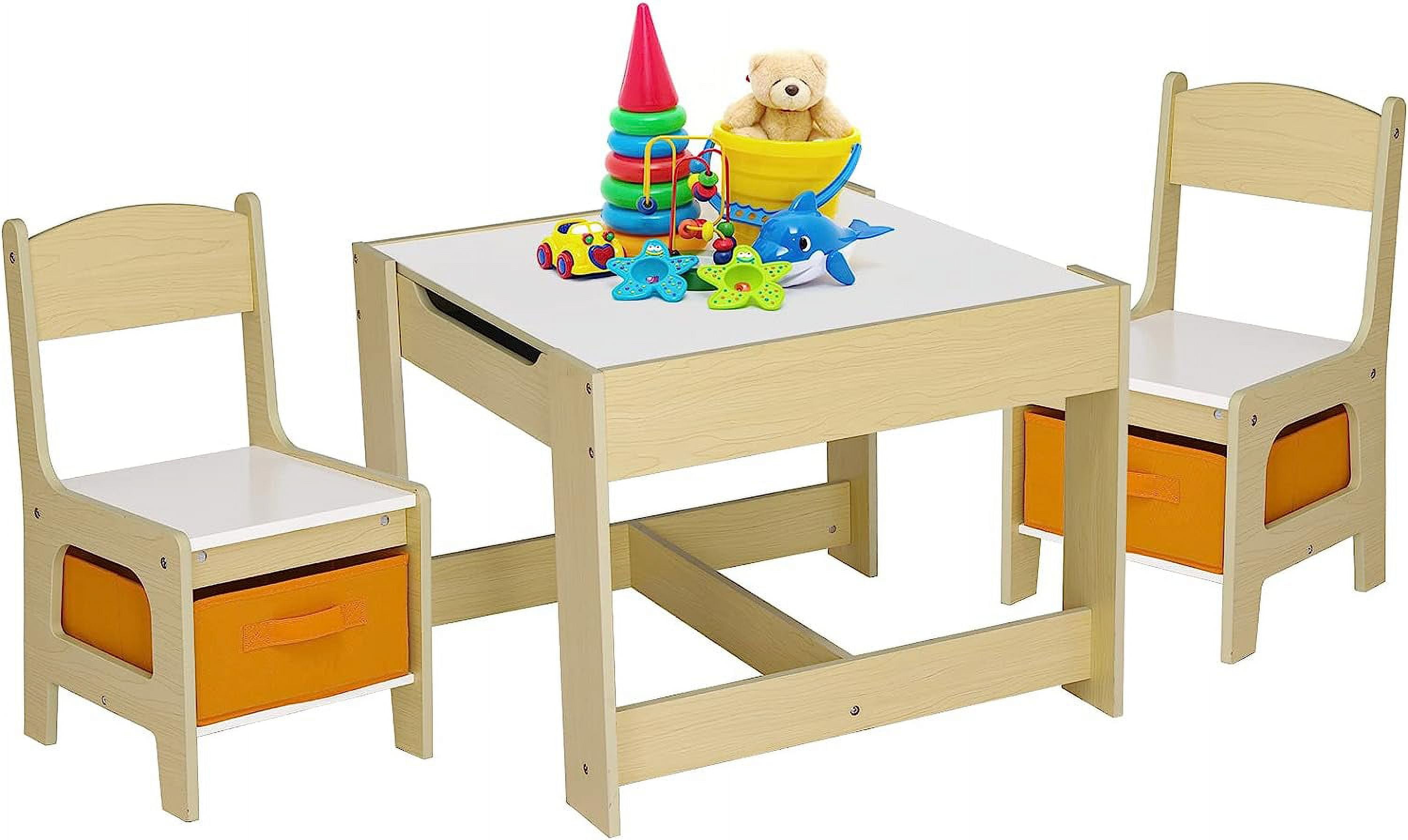 Kids Table & 2 Chairs Set, 3 in 1 Wooden Toddler Activity Table w ...