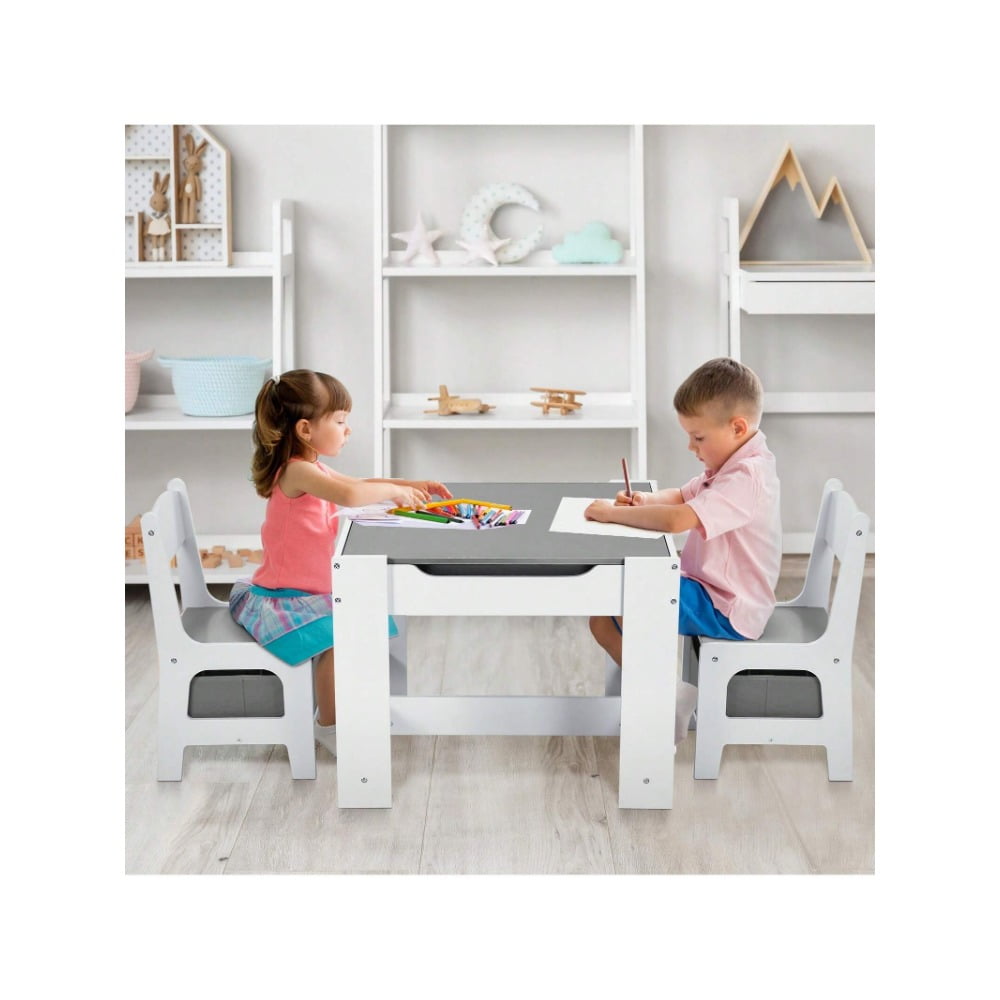 Kids Table And 2 Chairs Set, 3-In-1 Wooden Activity Table, W/Detachable ...
