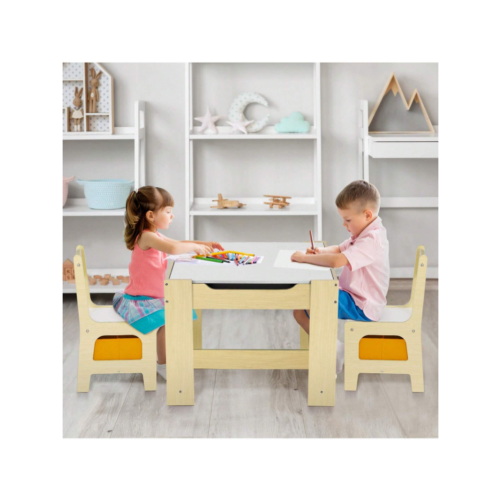 Kids Table And 2 Chairs Set, 3-In-1 Wooden Activity Table, W/Detachable ...