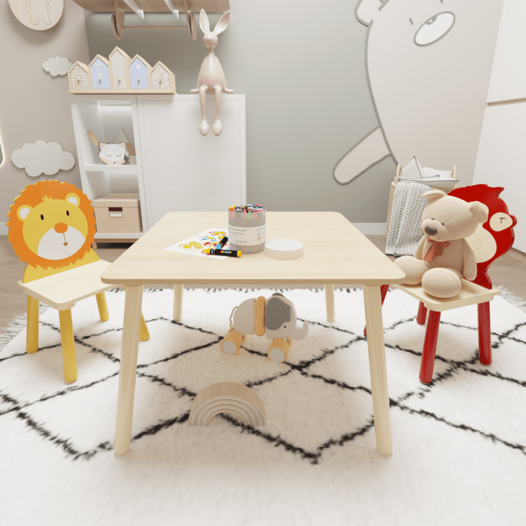 Kids 3-Piece Wooden Table & Chairs Set with Cartoon Animals, Age 2 ...