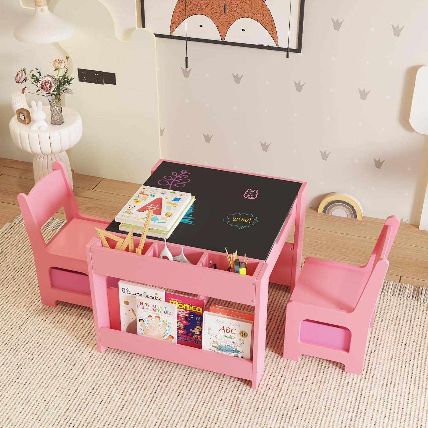 Kids Table and 2 Chairs Set,4-in-1 Activity Table With Storage Drawer ...