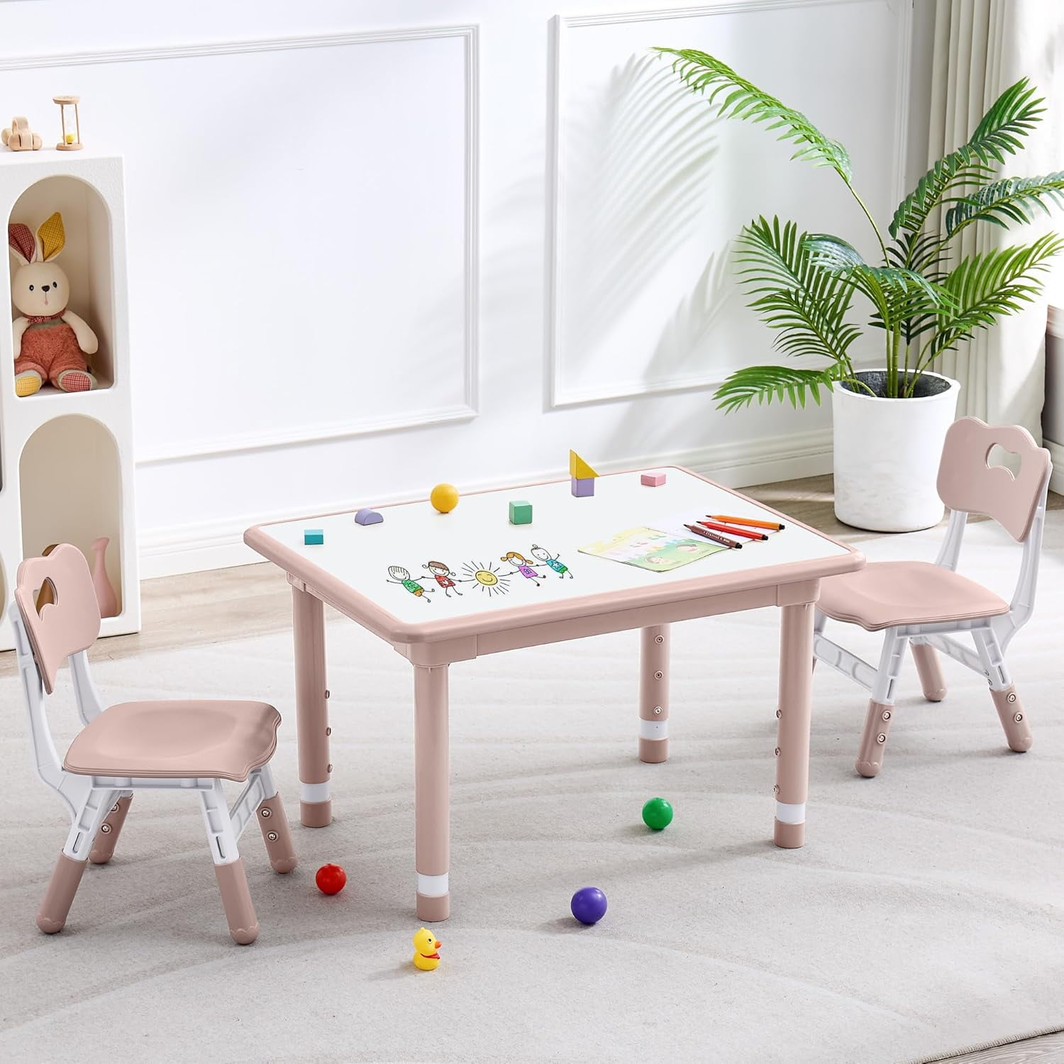 Kids Table and 2 Chairs Set, Height Adjustable (17.7"-26.1") Toddler ...