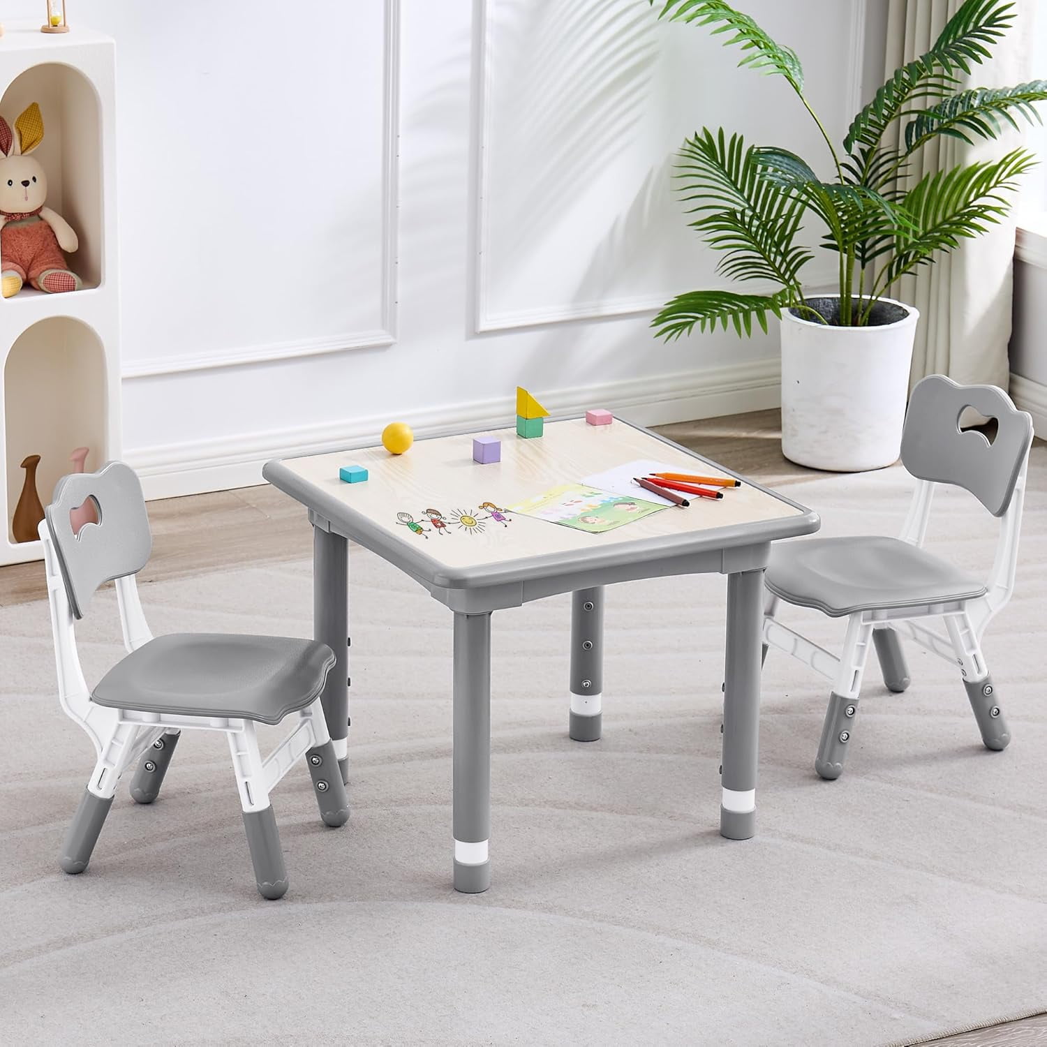 Kids Table and 2 Chairs Set, Height Adjustable (17.7"-26.1") Toddler ...