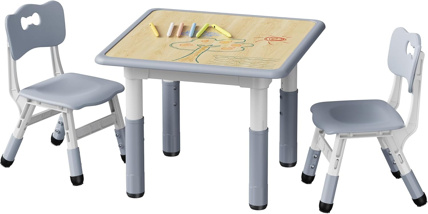 Kids Table and 2 Chairs Set, Height Adjustable Toddler Desk and Chair ...