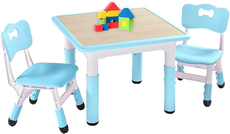 Kids Table and 2 Chairs Set, Height Adjustable Toddler Table and Chair ...