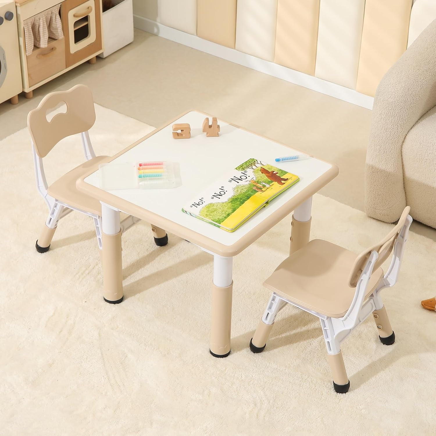 Kids Table and 2 Chairs Set, Height Adjustable Toddler Table and Chairs ...