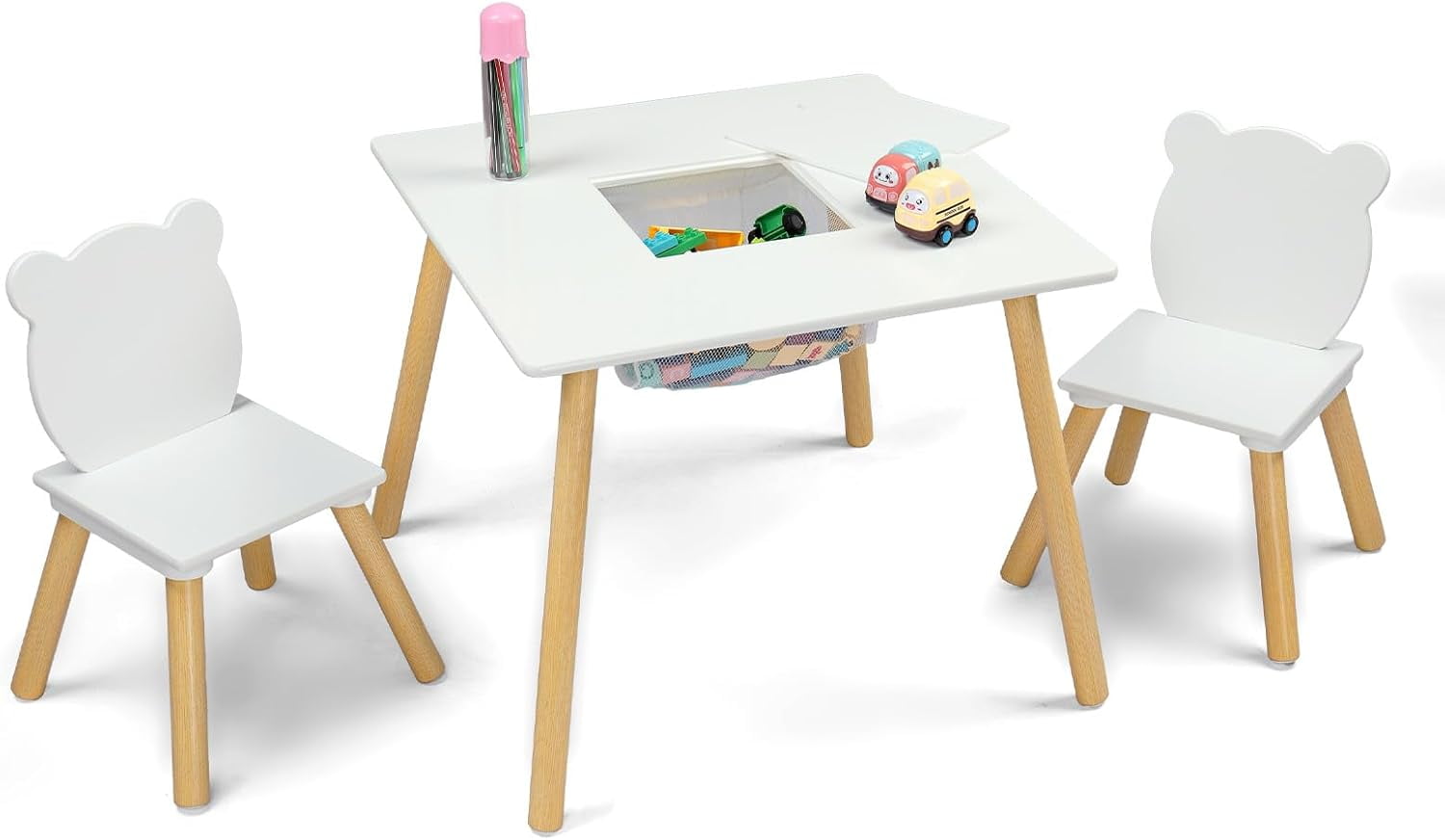 Kids Table and 2 Chairs Set with Storage & Removable Tabletop, Panda ...