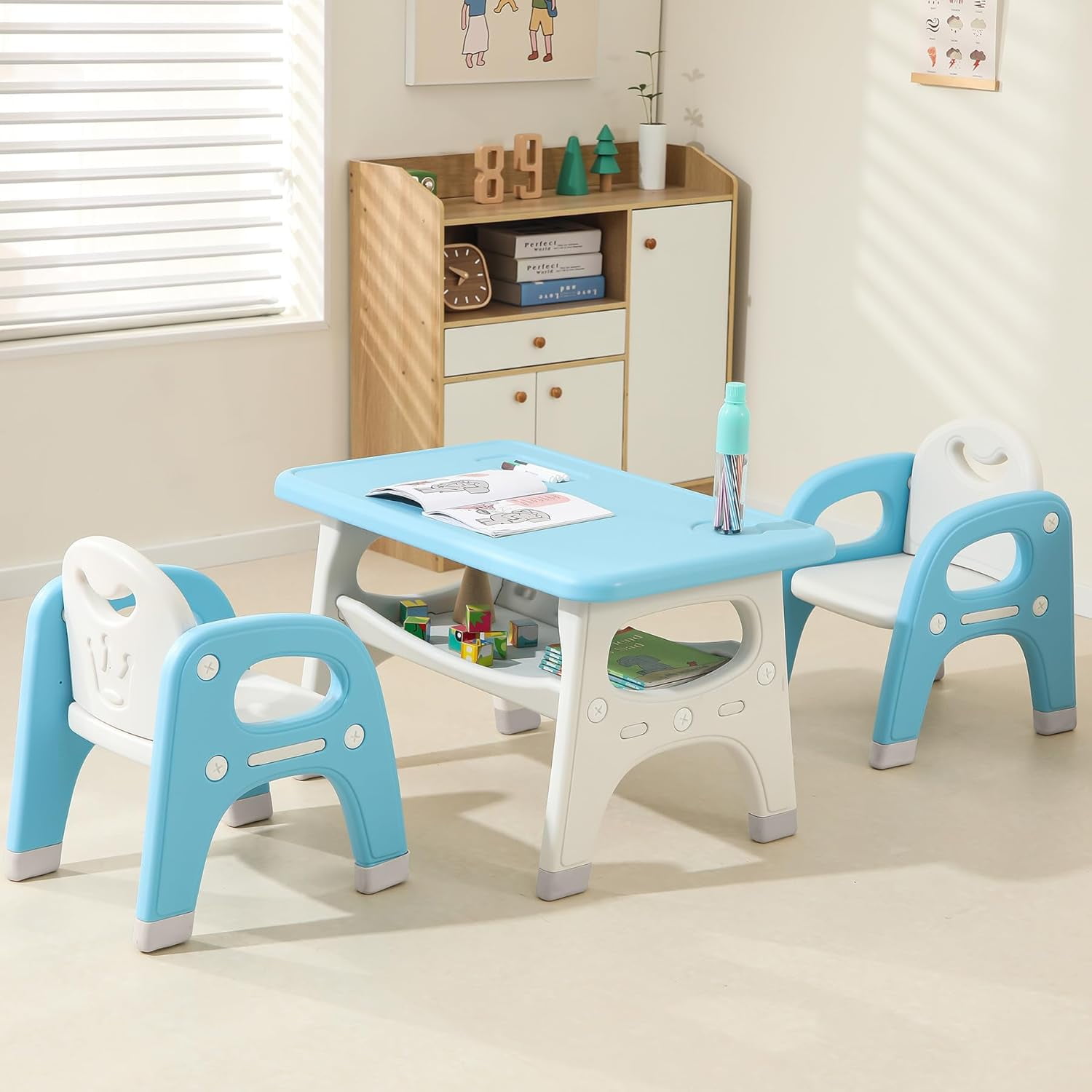 Kids Table and 2 Chairs Set, Toddlers Table and Chairs Set with Large ...