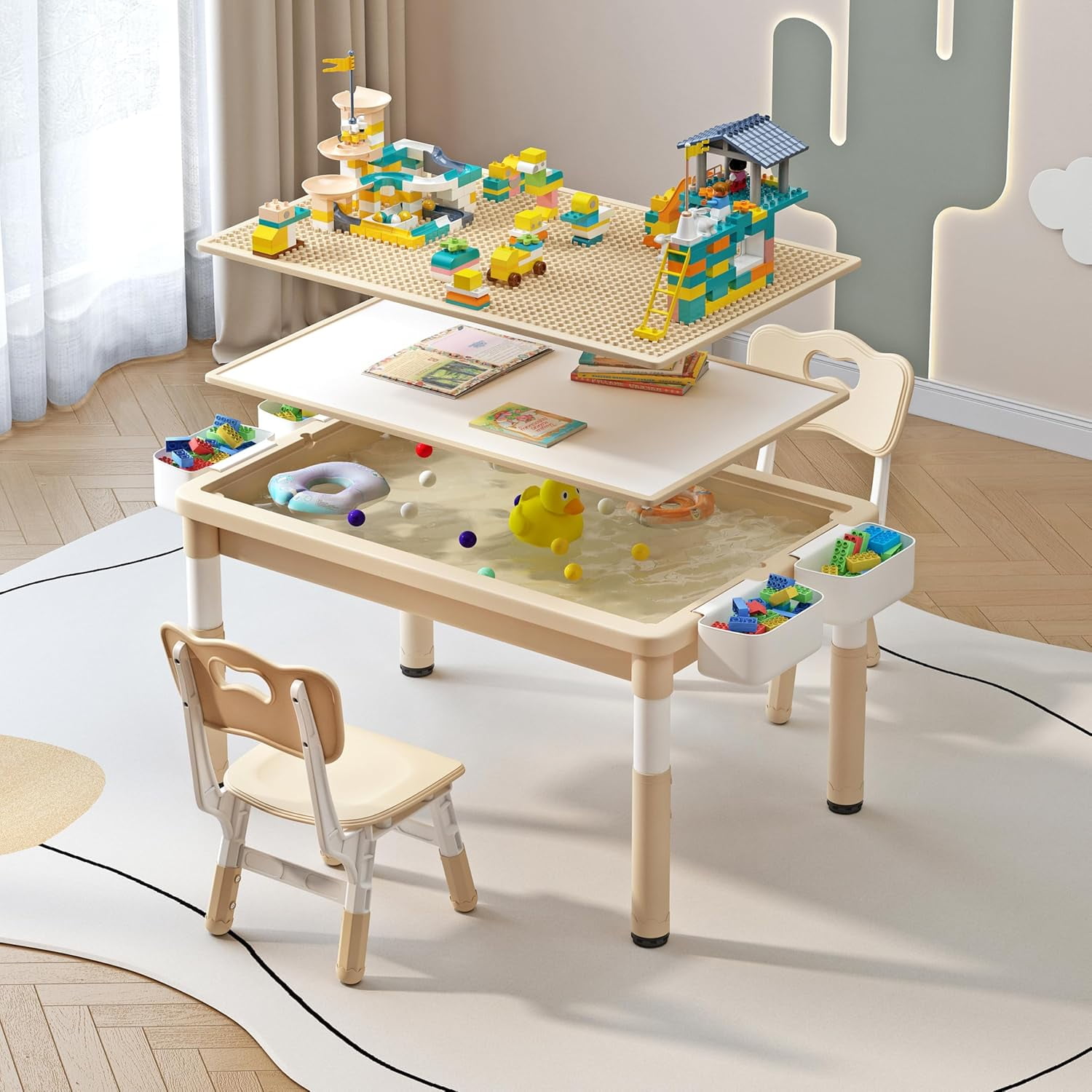 Kids Table and 2 Chairs with Storage, Children Water and Sand Activity ...