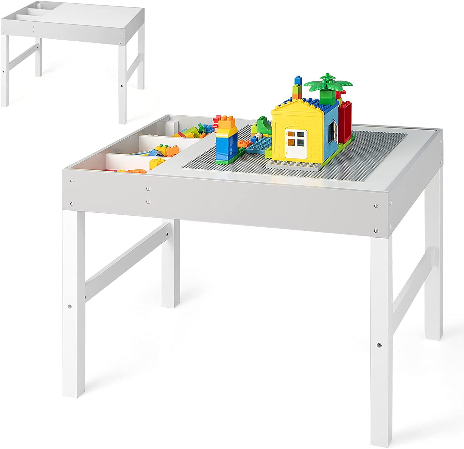 Kids Table, 3 in 1 Toddler Wooden Activity Table, Convertible Building ...