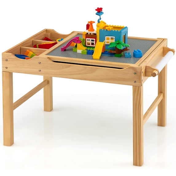 Kids Table, 3 in 1 Wood Building Block Desk w/Storage, Paper Roll ...