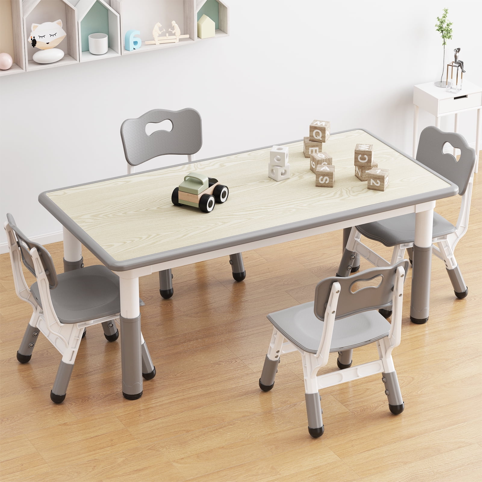 Kids Table and 4 Chair Set, Height Adjustable Toddler Table and 4 ...