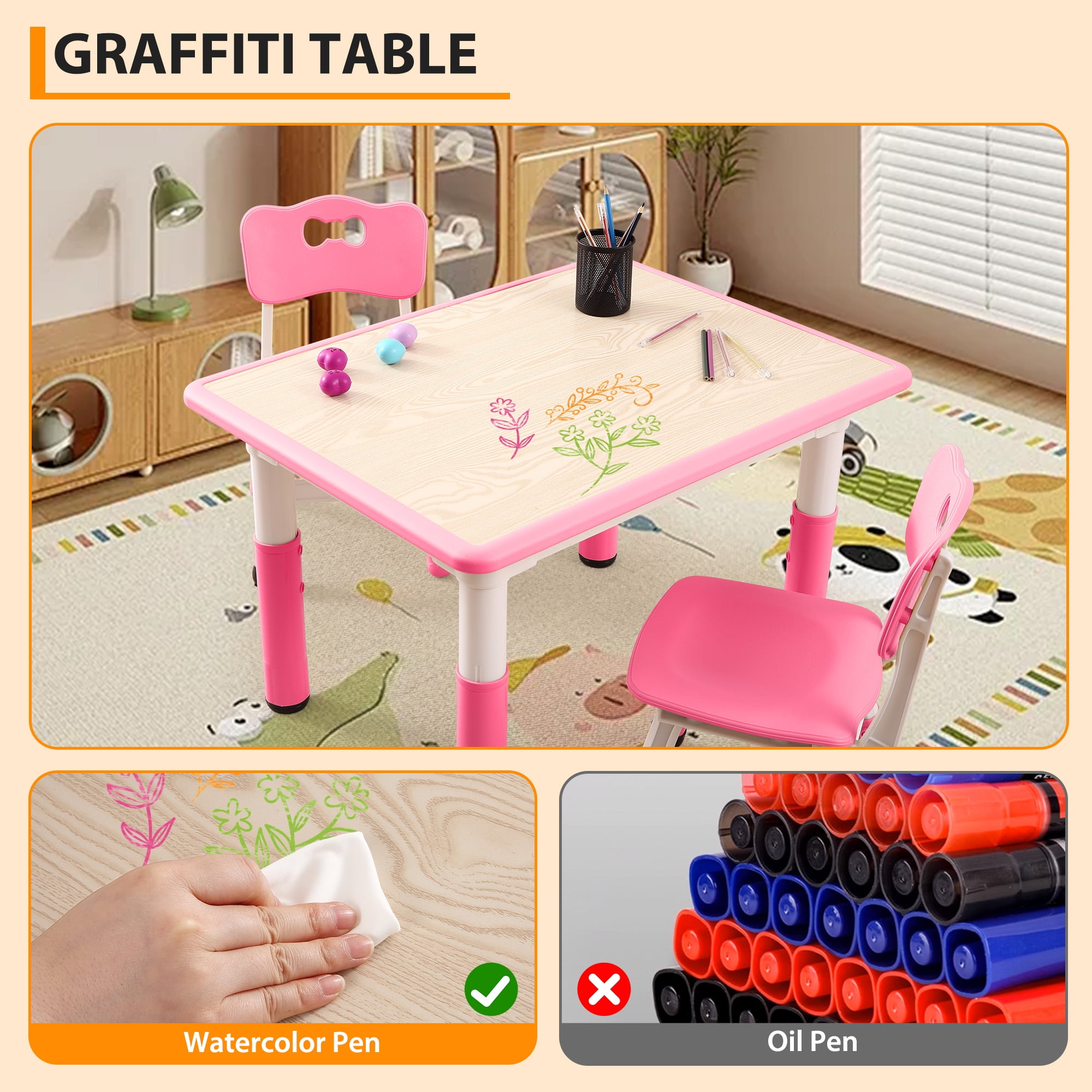 Kids Table & 4 Chairs Set – Adjustable Height Children’s Desk with ...