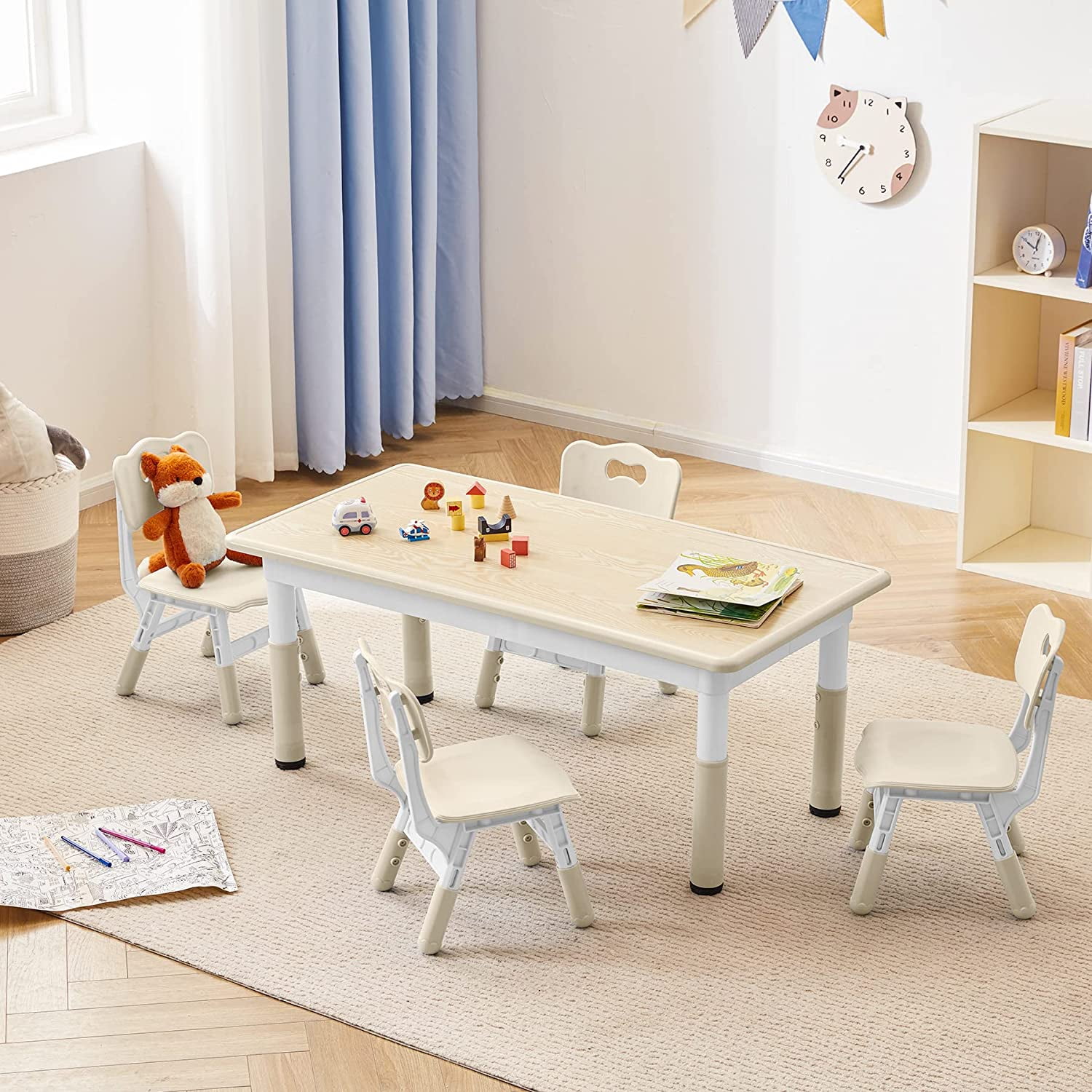 Kids Table and 4 Chairs Set, Children Study Desk, Dining Table, Height ...