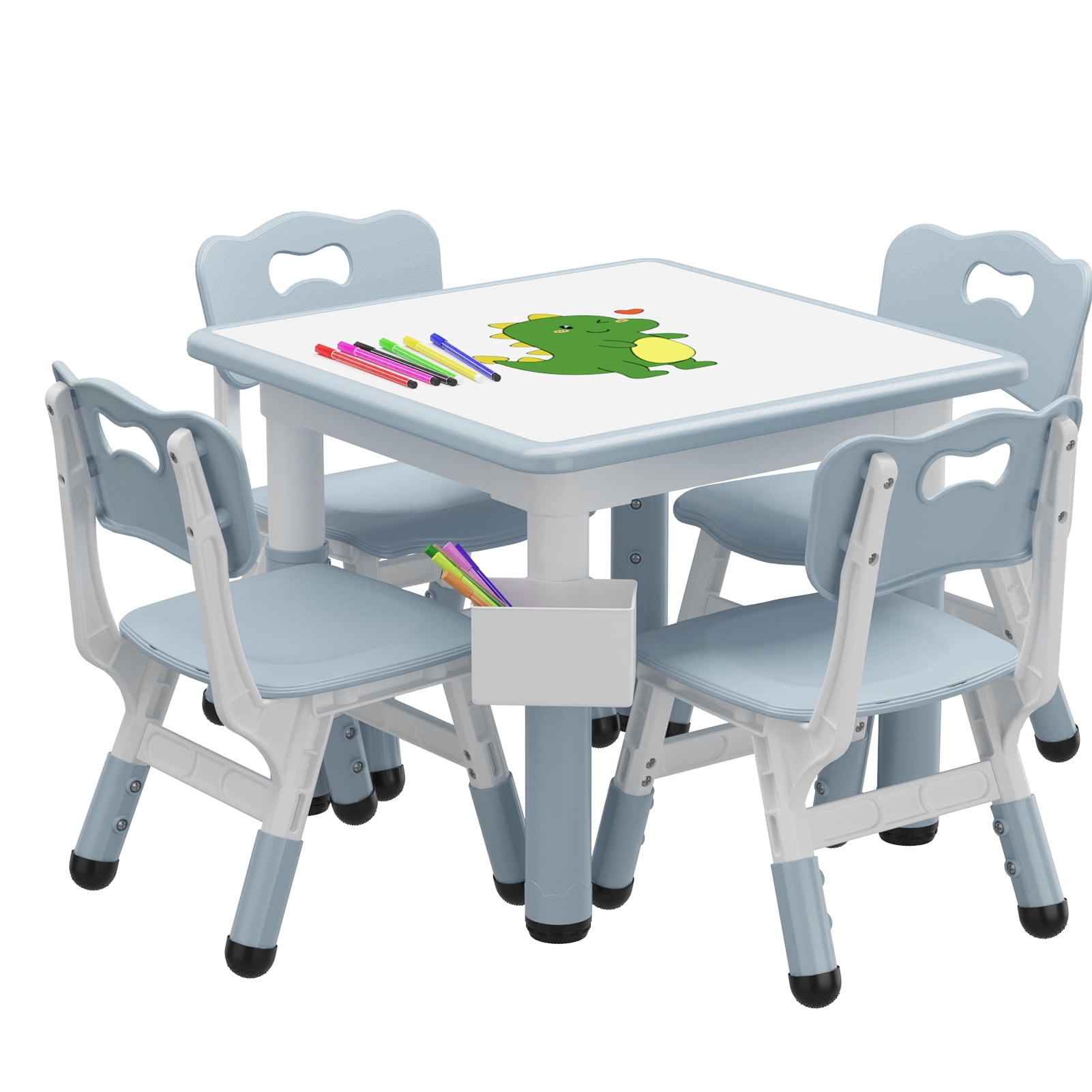 Kids Table and 4 Chairs Set with Graffiti Desktop, Height Adjustable Toddler Table and Chairs ...
