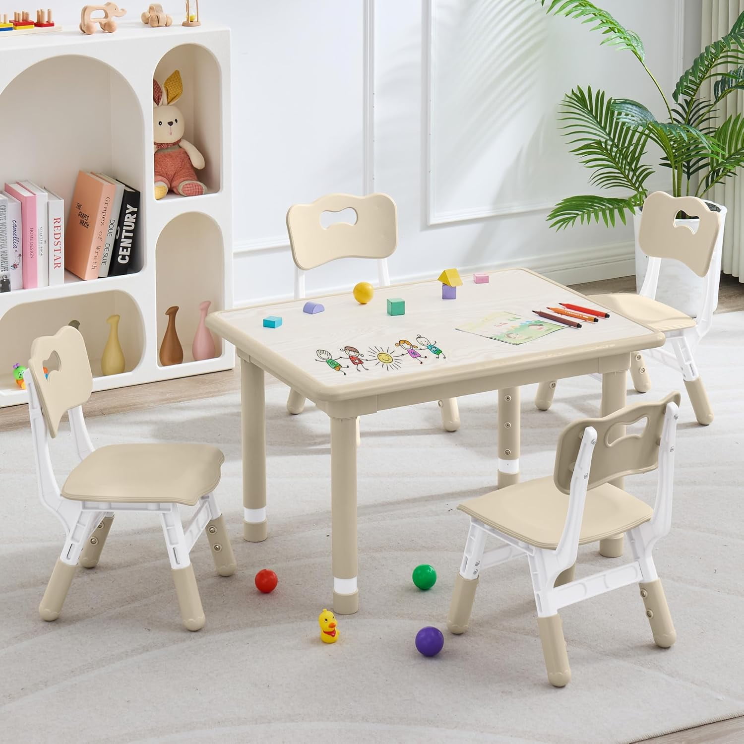 Kids Table and 4 Chairs Set, Height Adjustable (17.7"-26.1") Toddler ...