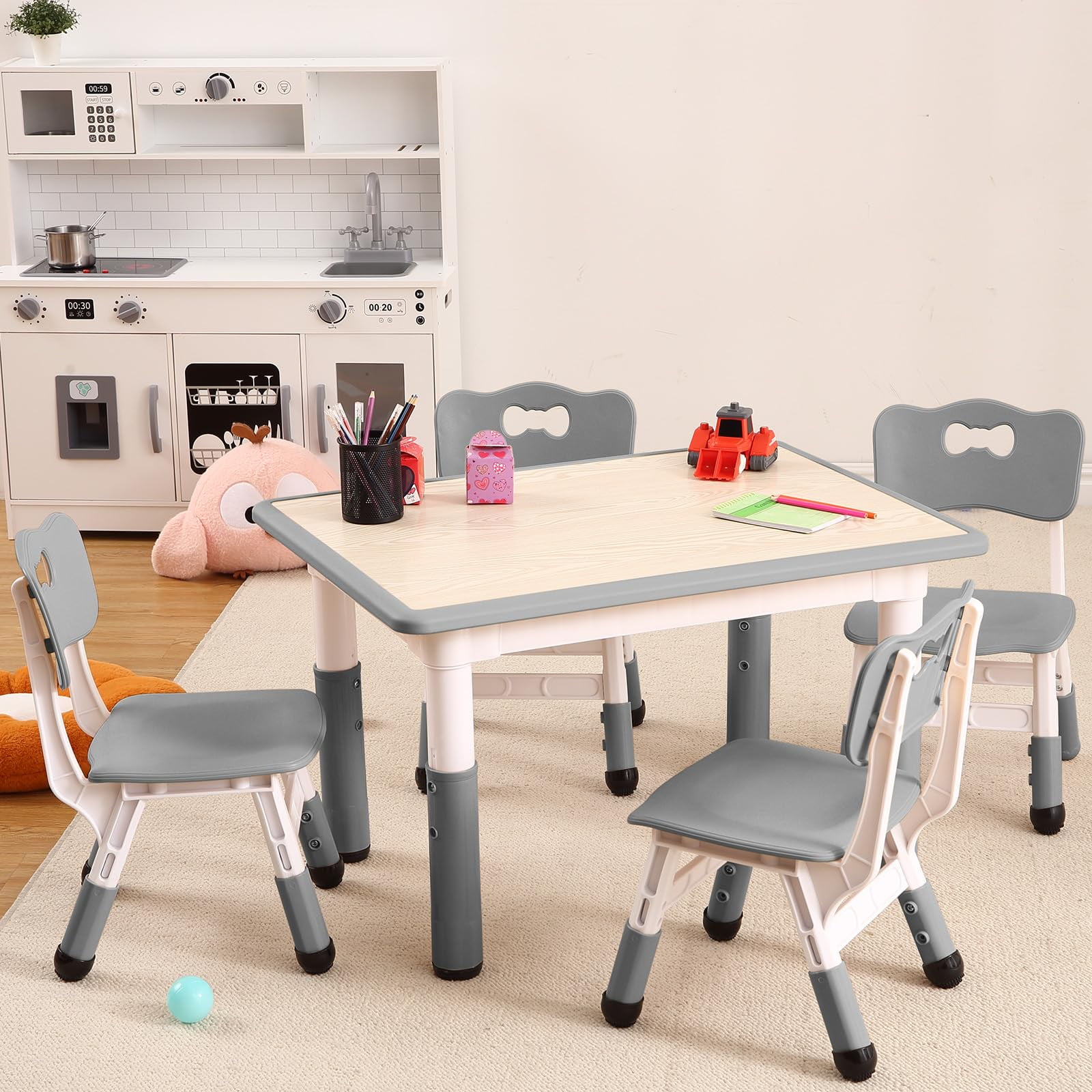 Kids Table and 4 Chairs Set, Height Adjustable Desk for Ages 2-8,Arts ...