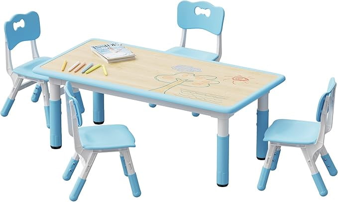 Kids Table and 4 Chairs Set, Height Adjustable Toddler Table and Chair ...