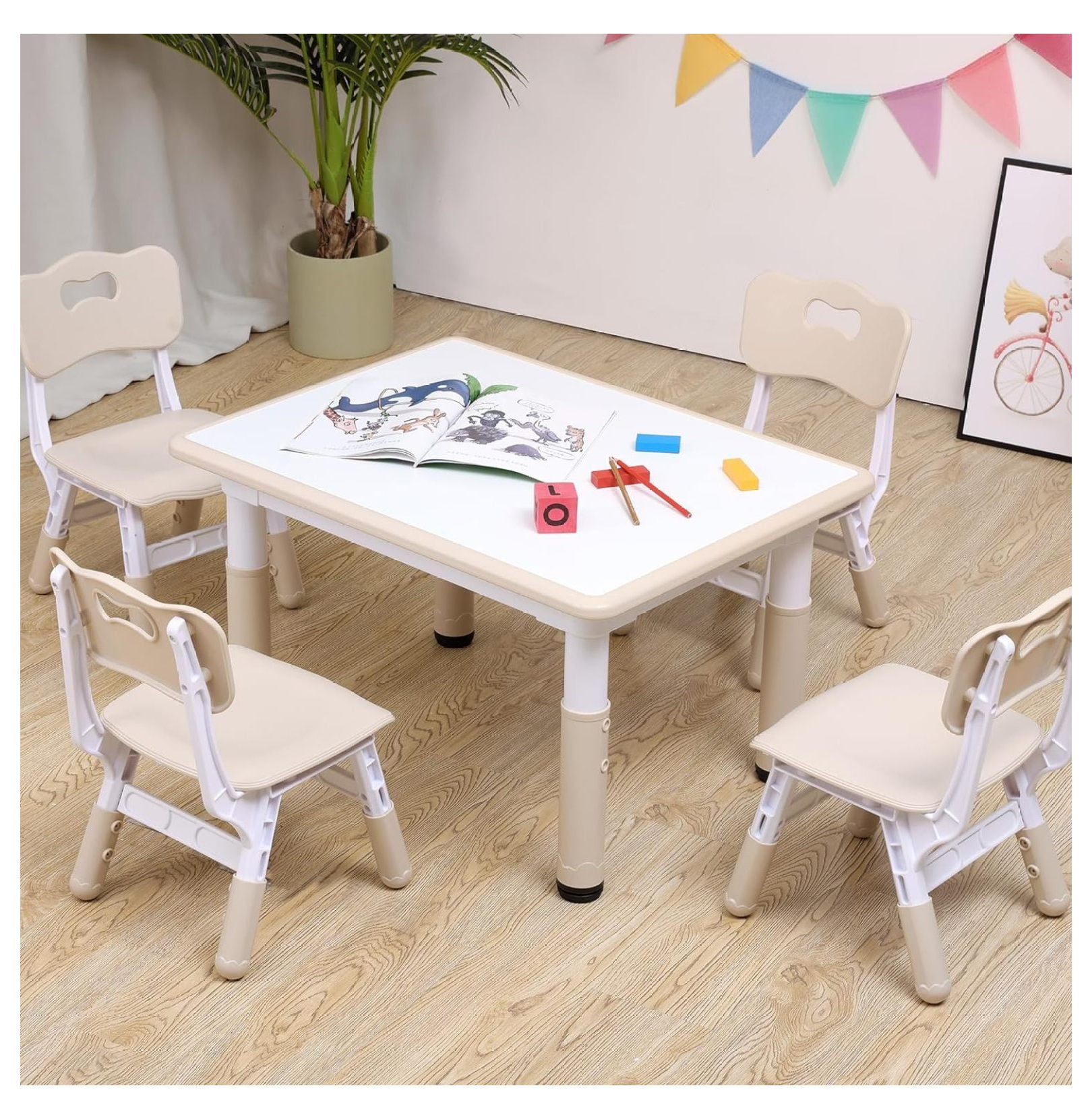 Kids Table and 4 Chairs Set, Height Adjustable Toddler Table and Chair ...