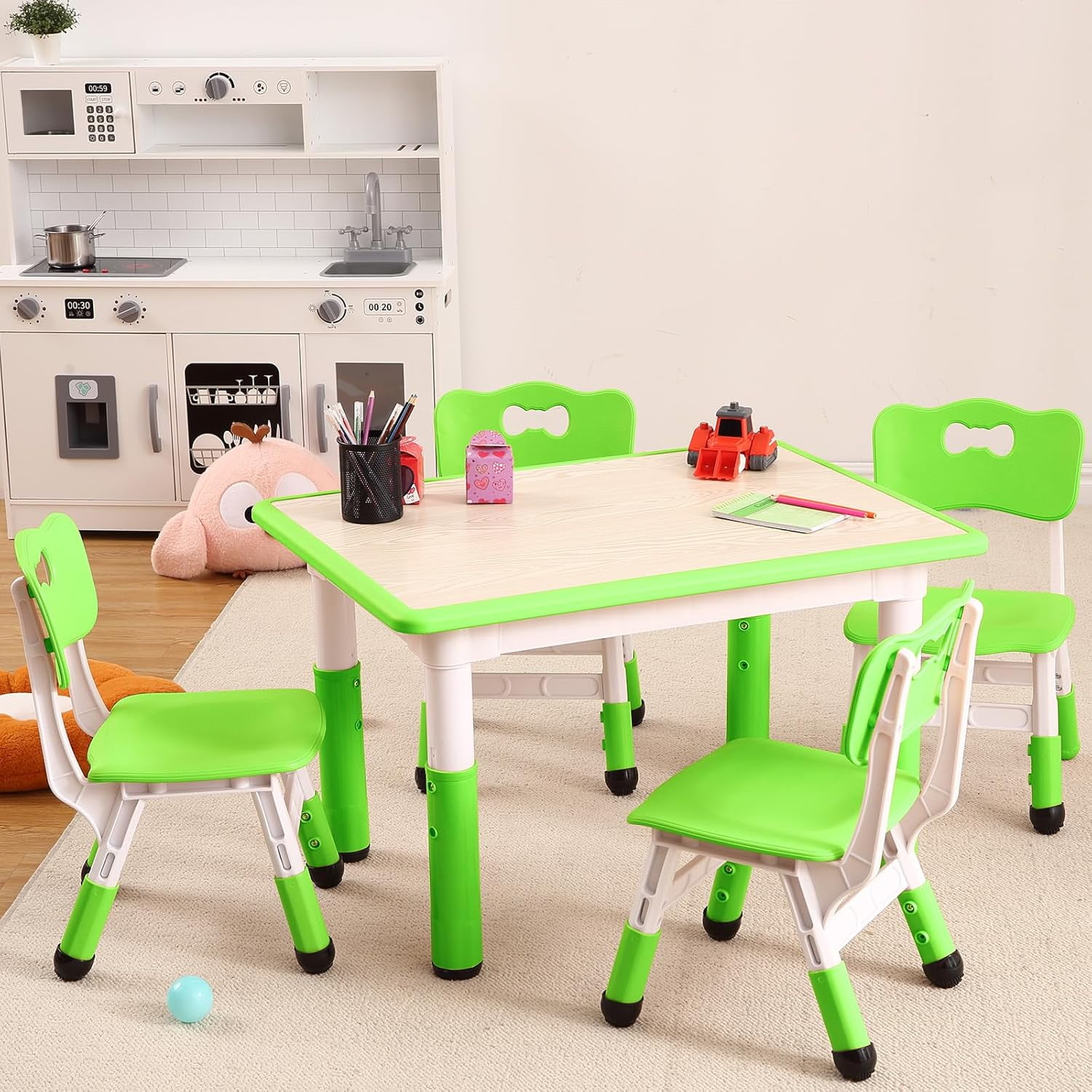 Kids Table and 4 Chairs Set, Height Adjustable Toddler Table and Chair Set with Graffiti Desktop ...