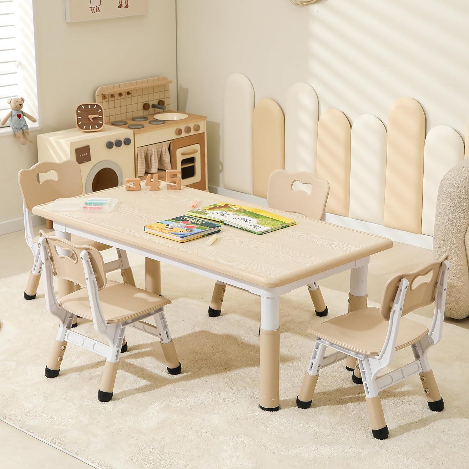 Kids Table and 4 Chairs Set, Height Adjustable Toddler Table and Chairs ...