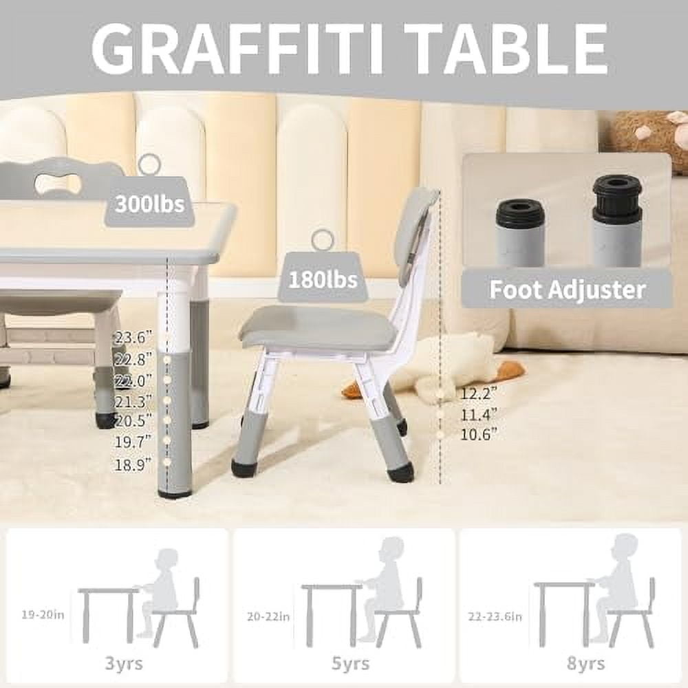 Kids Table and 4 Chairs Set, Height Adjustable Toddler Table and Chairs Set with Rubber Foot ...