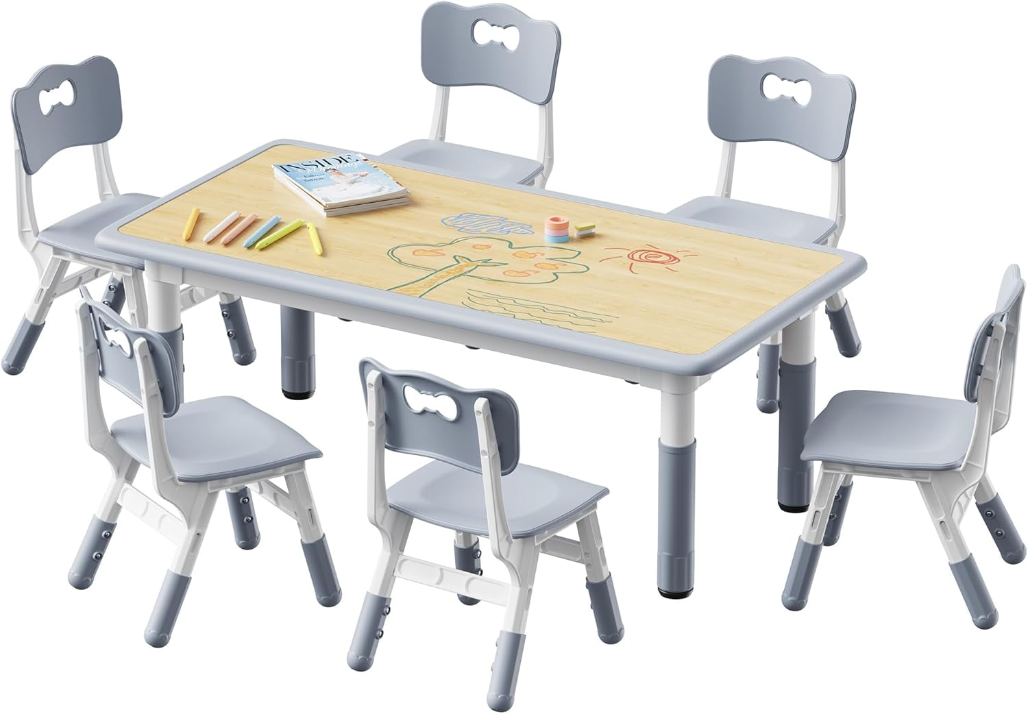 Kids Table and 6 Chairs Set, Height Adjustable Toddler Table and Chair ...