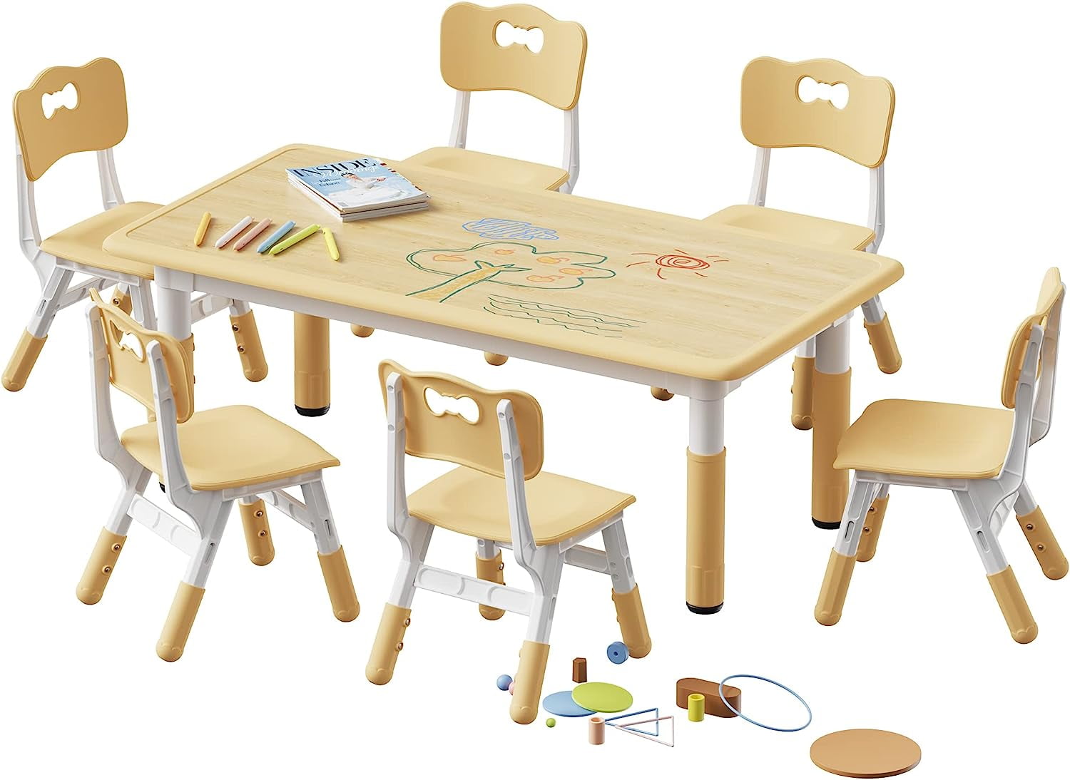 Kids Table and 6 Chairs Set, Height Adjustable Toddler Table and Chair ...