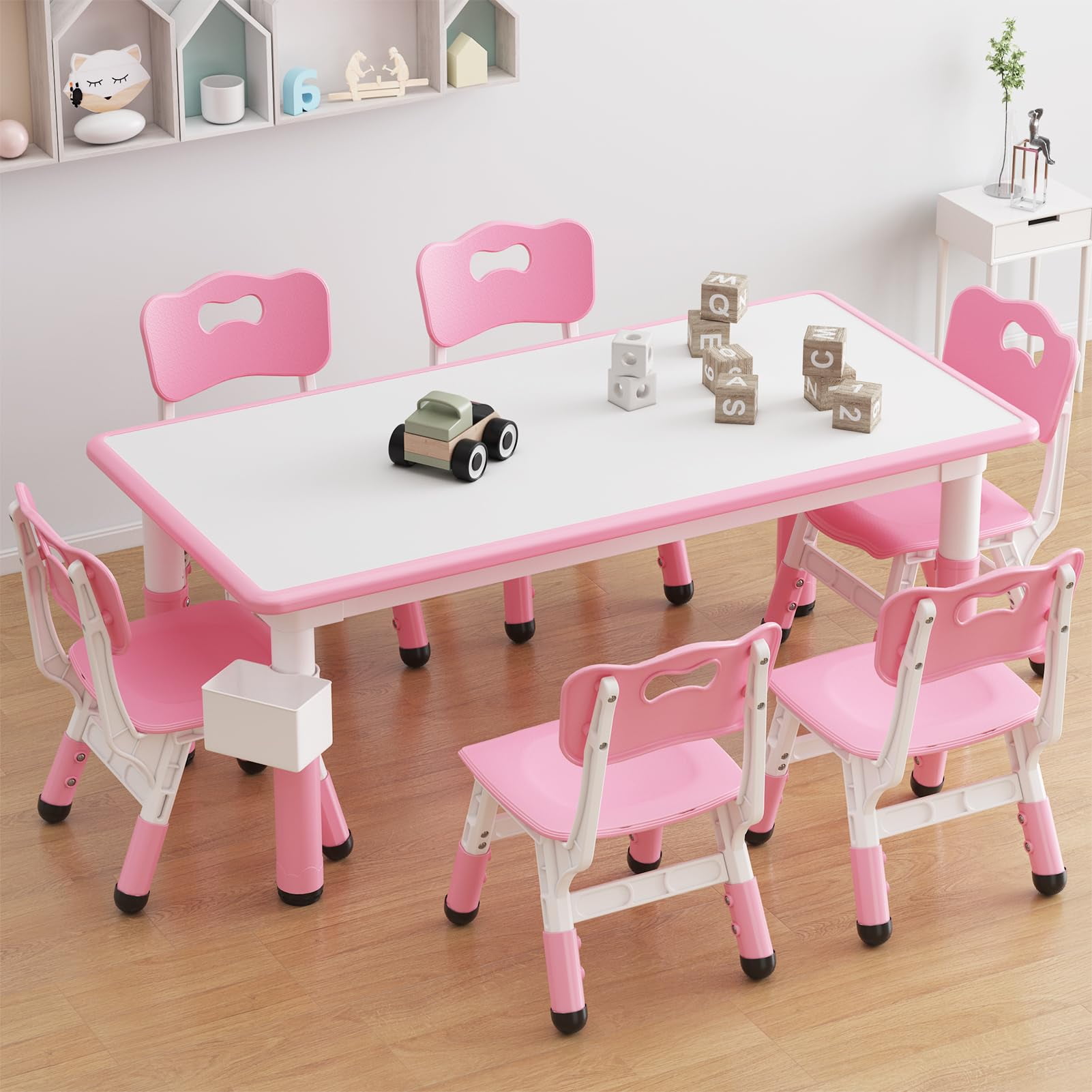 Kids Table and 6 Chairs Set with Storage Box, Height Adjustable Toddler Table and Chair Set for ...