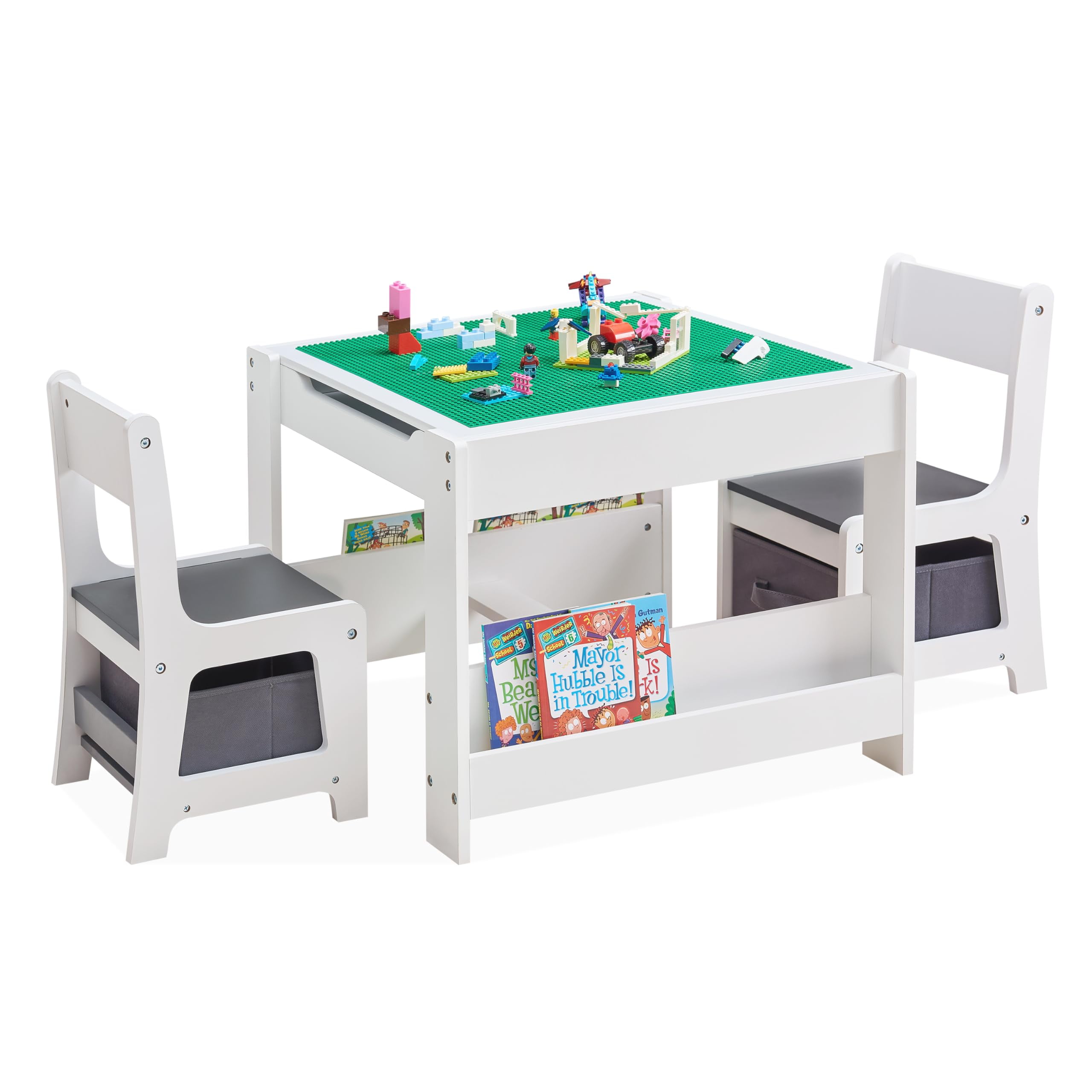 Kids Table and Chair Set, 3 in 1 Wooden Activity Table with Bookshelves ...