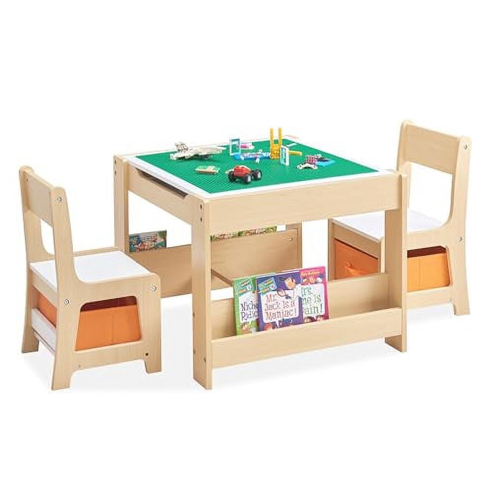 Kids Table and Chair Set, 3 in 1 Wooden Activity Table with Bookshelves ...
