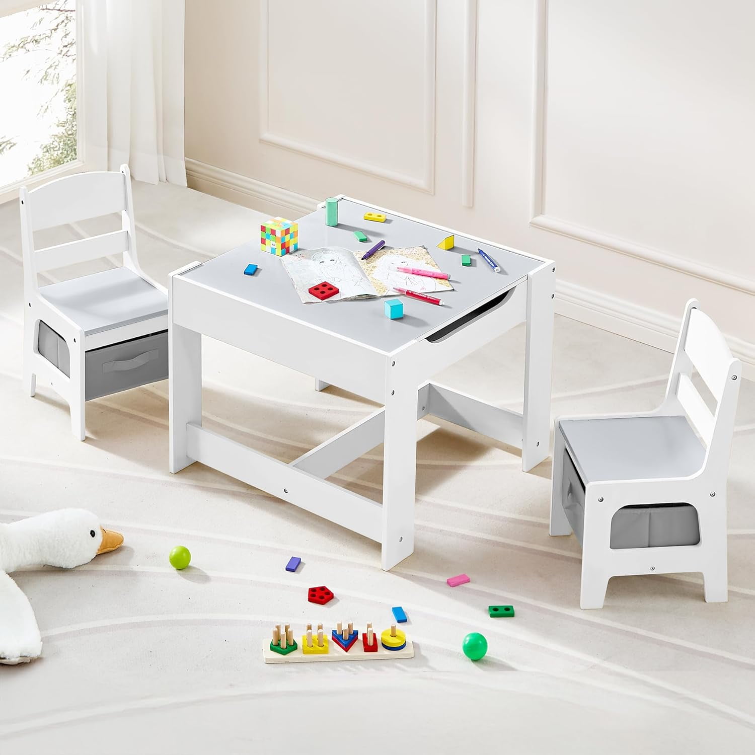 Kids Table and Chair Set, 3 in 1 Wooden Activity Table with Detachable ...