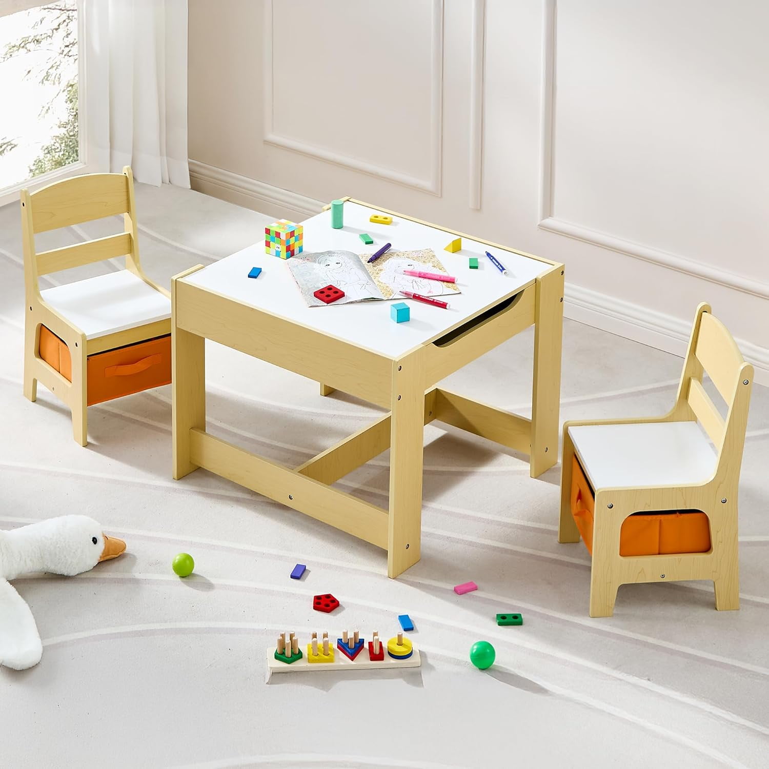 Kids Table and Chair Set, 3 in 1 Wooden Activity Table with Detachable ...