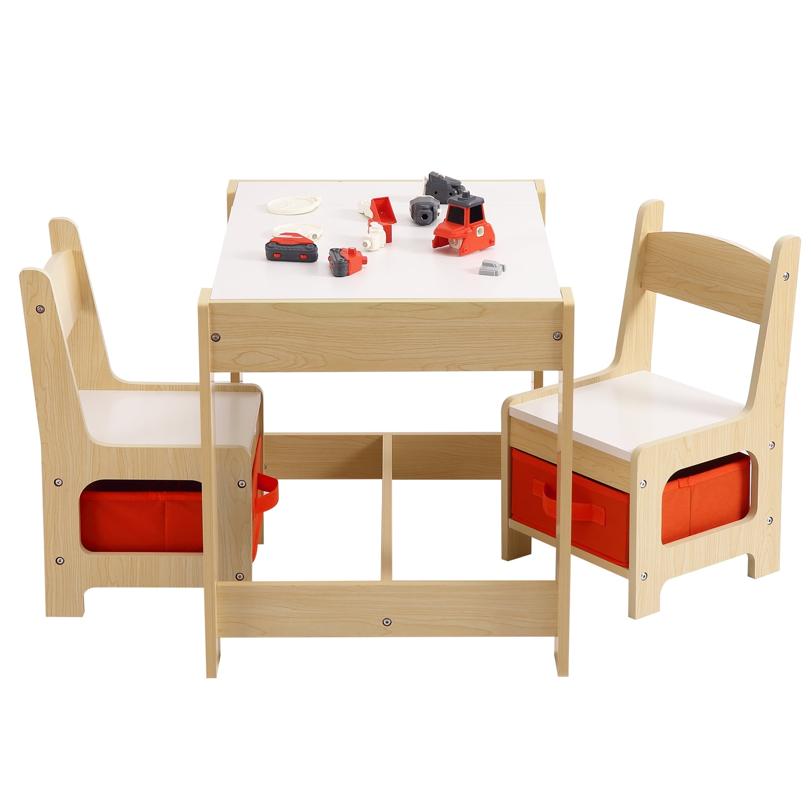 Kids Table and Chair Set, 3 in 1 Wooden Activity Table with Storage ...