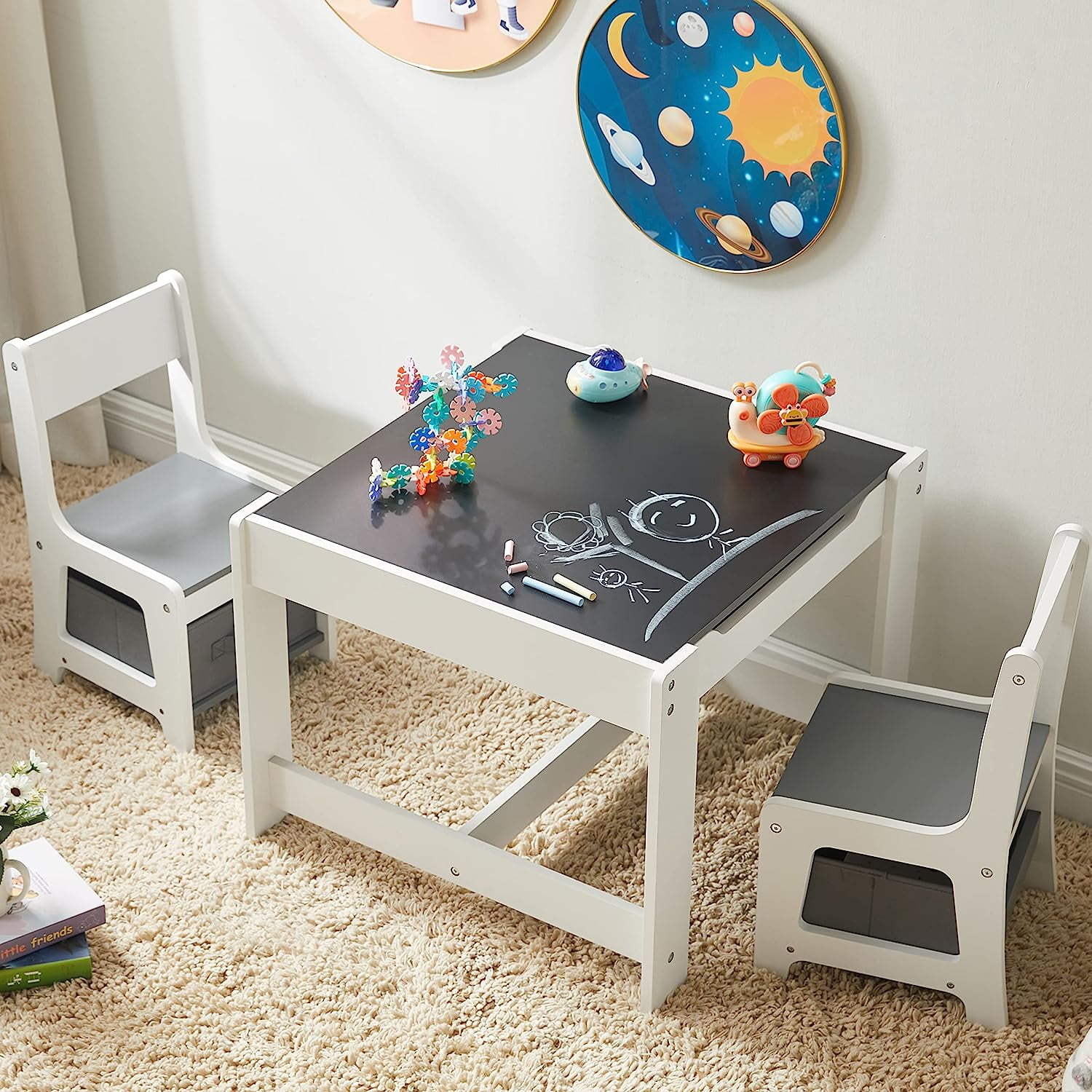 Kids Table and Chair Set, 3 in 1 Wooden Activity Table with Storage ...