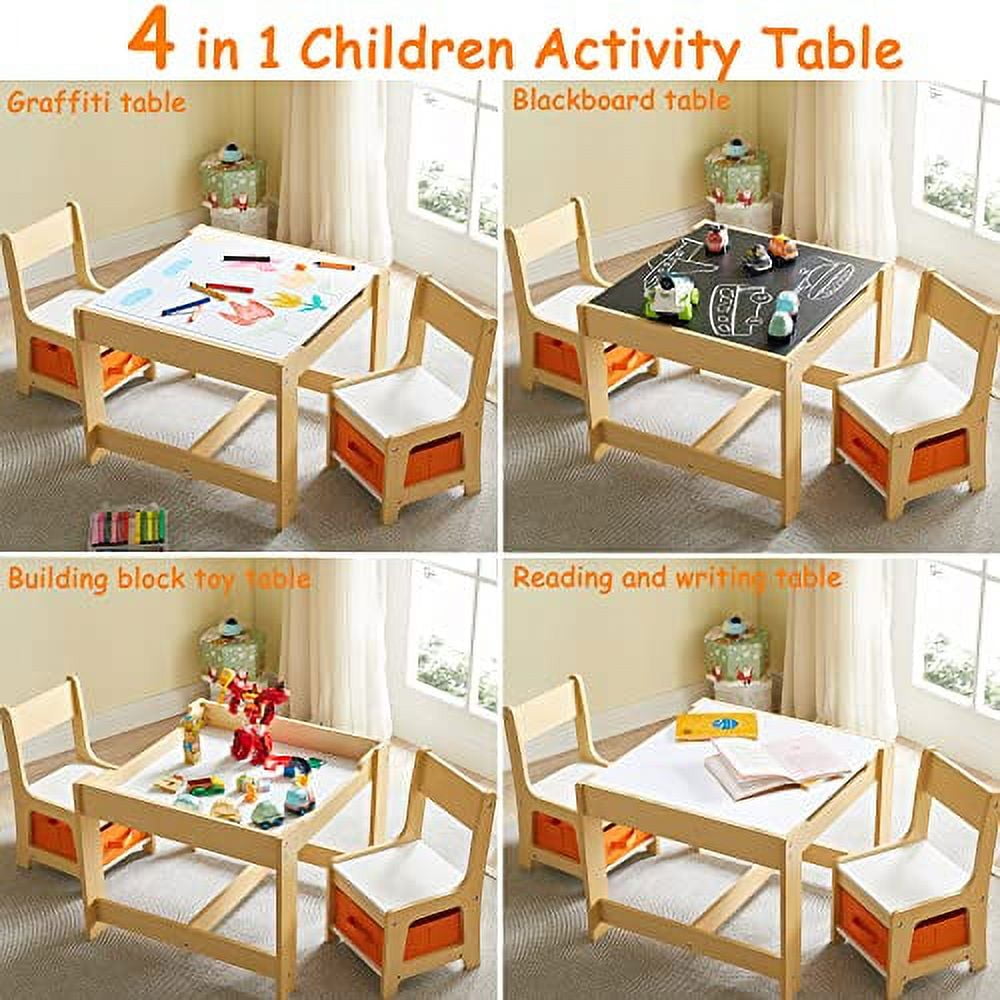 Kids Table and Chair Set, 3 in 1 Wooden Activity Table with Storage Drawer for Toddlers Drawing ...